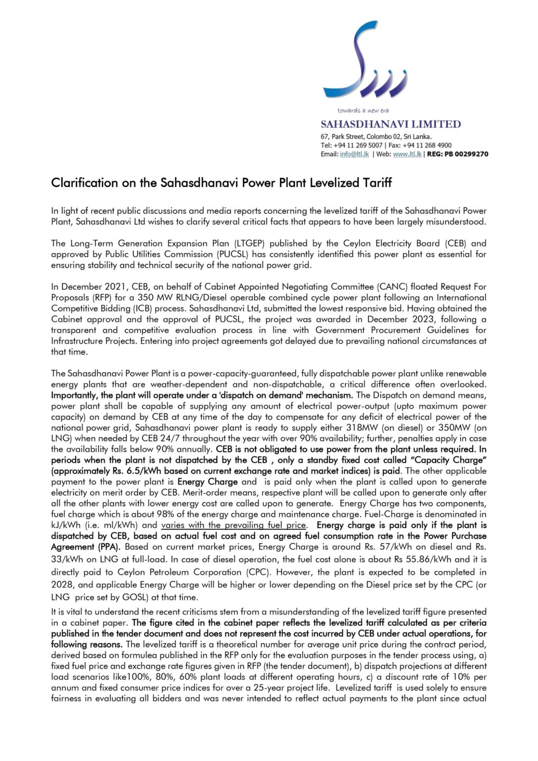 Clarification on the Sahasdhanavi Power Plant Levelized Tariff | LTL ...